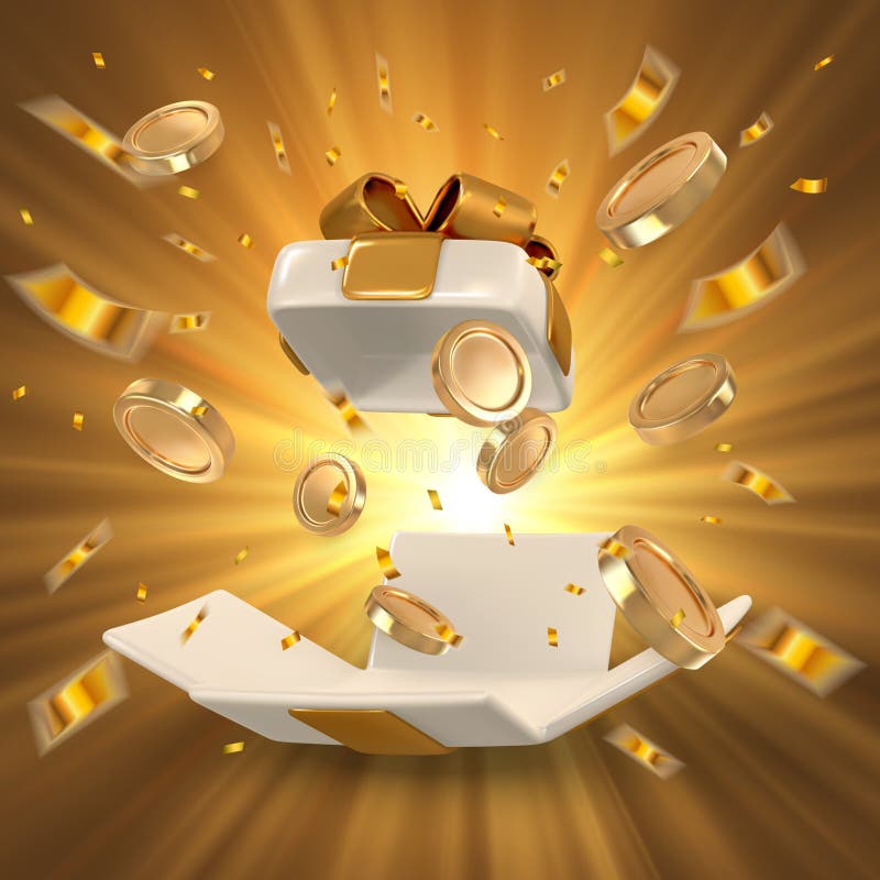 Realistic Gift Box with Gold Ribbon, Coin and Confetti. Vector ...