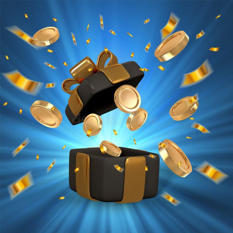 Realistic Gift Box with Gold Ribbon, Coin and Confetti. Vector ...
