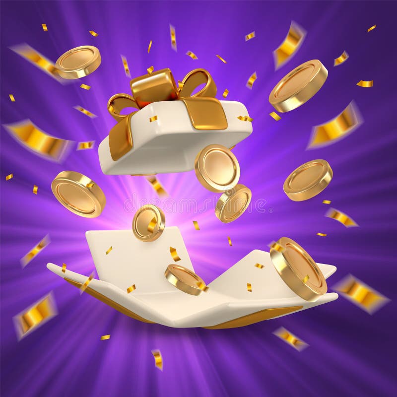 Realistic Gift Box with Gold Ribbon, Coin and Confetti. Vector ...