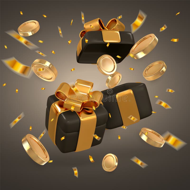 Realistic Gift Box with Gold Ribbon, Coin and Confetti. Vector ...