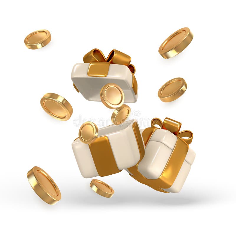 Realistic Gift Box with Gold Ribbon, Coin. Vector Illustration Stock ...