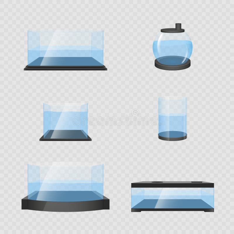 Realistic Glass Aquarium Set. Fishbowl with Water. Different Forms of ...