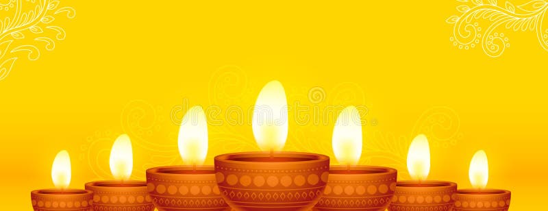 Realistic Glowing Diwali Diya Yellow Banner with Text Space Stock ...