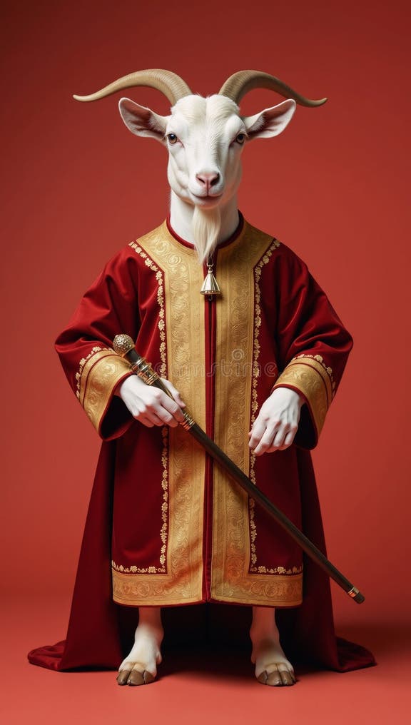 Realistic Goat in a Royal Robe with Scepter Against a Solid Salmon ...
