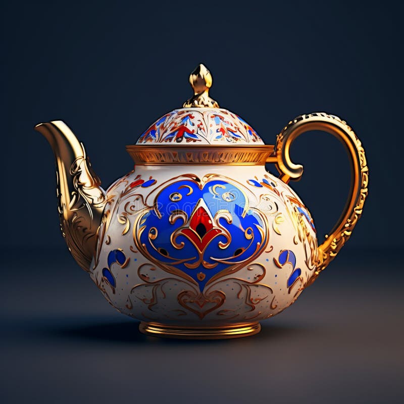 Realistic Gold and Blue Oriental Teapot 3d Model with Baroque Patterns ...