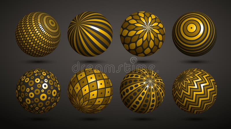 Realistic Golden Decorated Spheres Vector Illustrations Set, Abstract ...