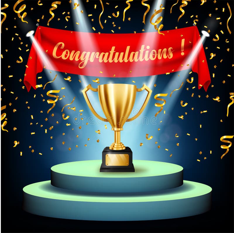Realistic Golden Trophy with Congratulations Text on Textile Banner on ...