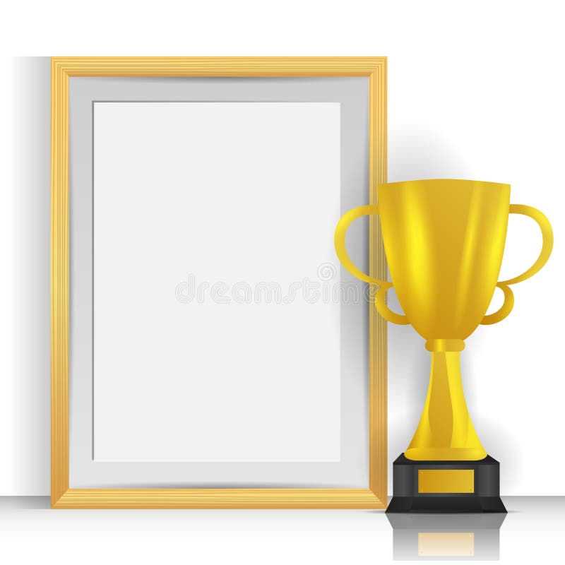 Realistic Golden Trophy with Empty Photo Frame Wooden Design Stock ...