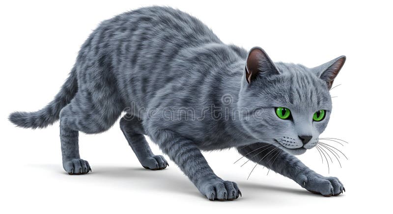 Realistic Gray Cat Stretching and Preparing To Pounce on a Smooth ...