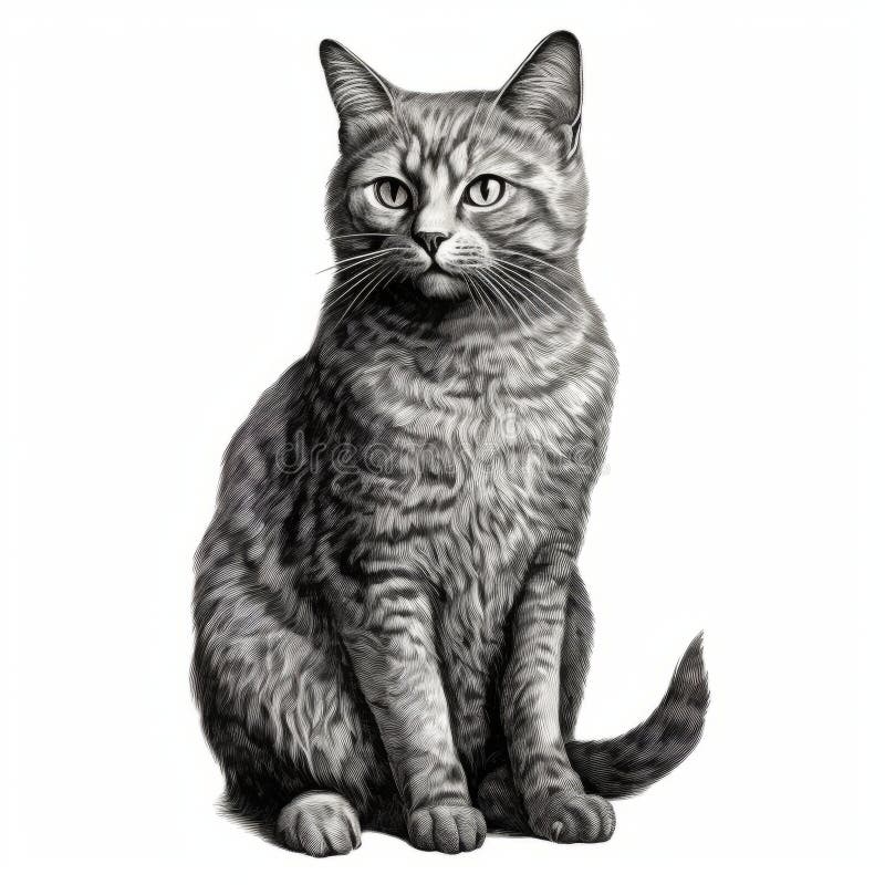 Realistic Tabby Cat Drawing on White Background Stock Photo - Image of ...