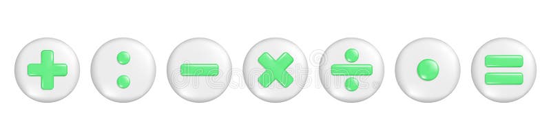 Realistic Green 3d Plus, Minus, Multiply, Division and Equal Sign on Round Button. Arithmetic 3d ...