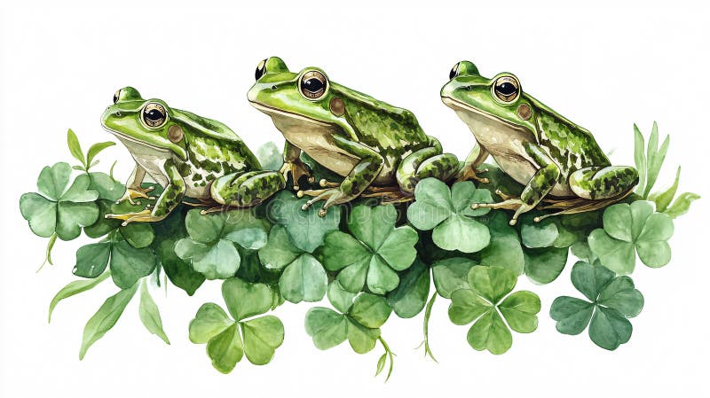 Realistic Green Frogs and Lucky Clover Leaves in Wildlife Setting Stock ...