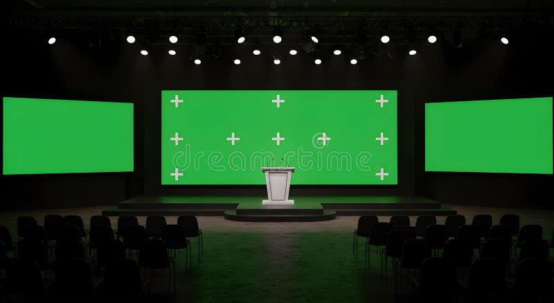 Realistic Green Screen Conference Stage with Podium and Seating ...