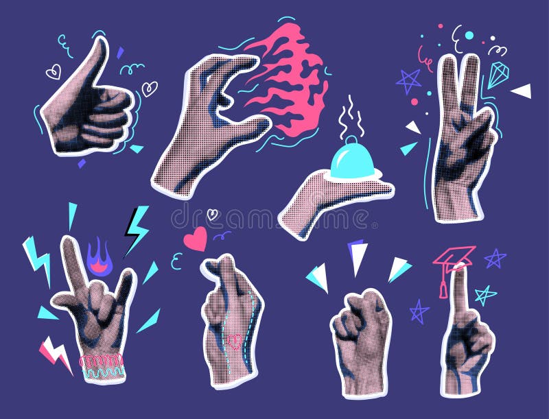 Realistic Halftone Dotted Human Hands Different Gestures Set ...