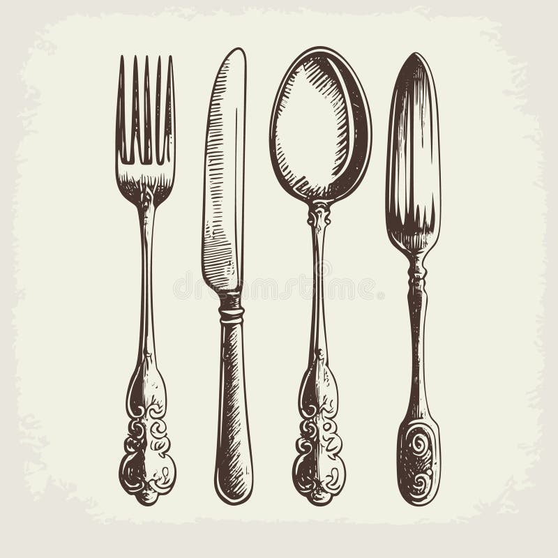 A Realistic Hand-drawn Vector Illustration Sketch of a Cutlery Set ...