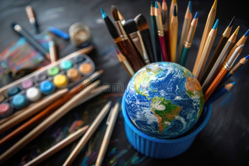Realistic Hand-Painted Earth Globe Surrounded by Artistic Tools and ...