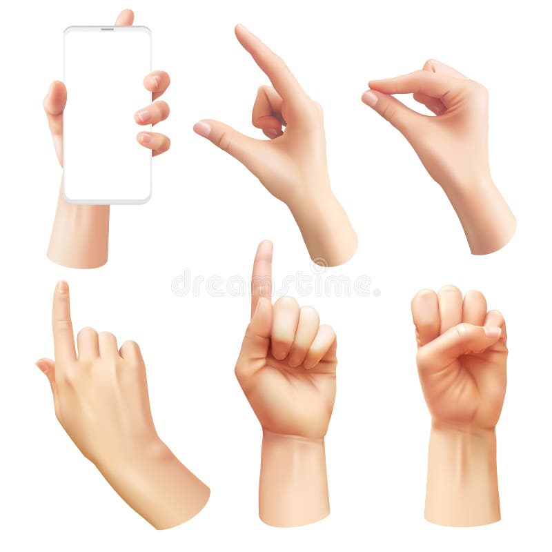 Realistic Hands. Different Human Hand Showing Signals, Pointing Finger ...