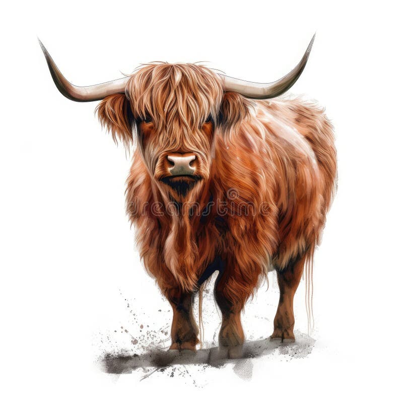 Realistic Highland Cow on White Background for Invitations and Posters ...
