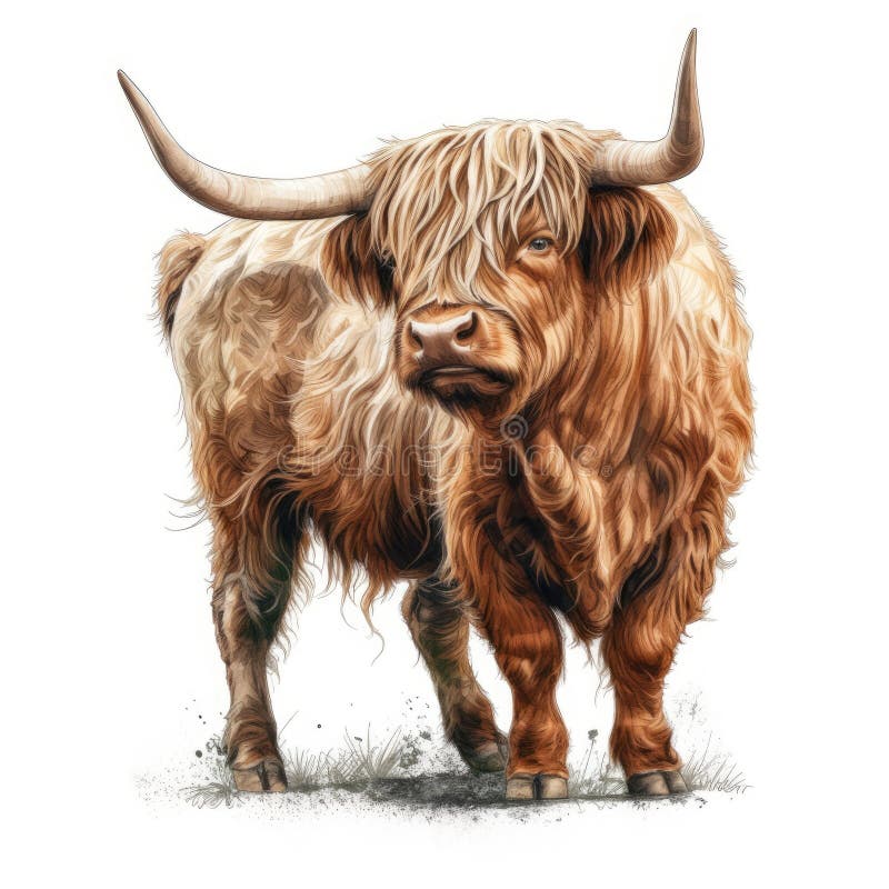 Realistic Highland Cow on White Background for Invitations and Posters ...