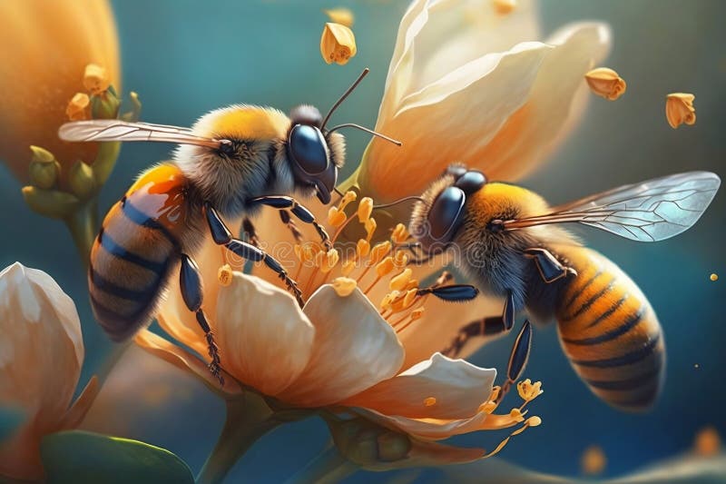 Realistic Honey Bees Collecting Pollen on Flowers, AI Generated Stock ...
