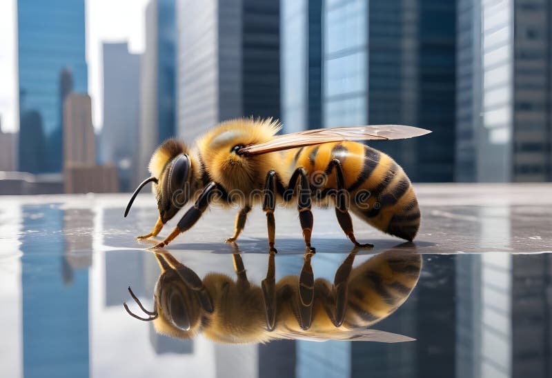 A Realistic Honeybee with Its Reflection Visible on a Wet, Reflective ...