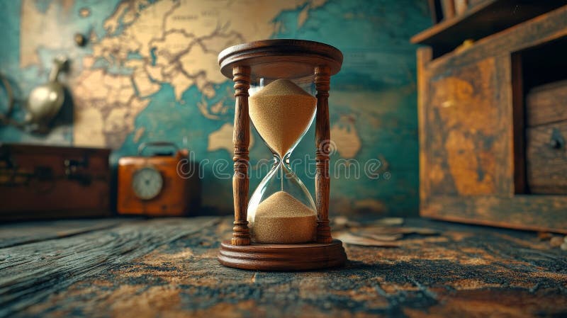 Realistic Hourglass with Sand Dripping and a World Map As the Backdrop ...