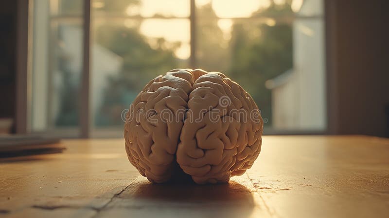 Realistic Human Brain Model Placed on Wooden Table with Sunlight ...