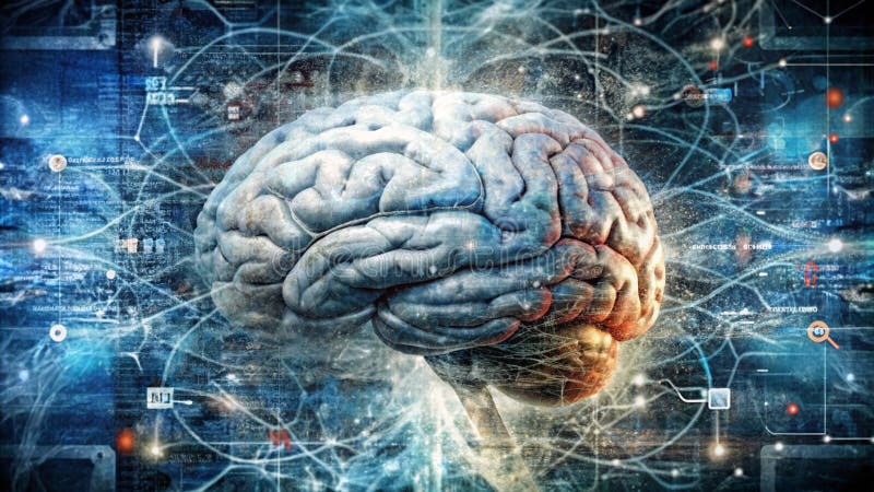 A Realistic Human Brain Surrounded by a Complex Network of Glowing ...