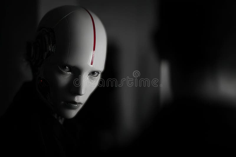 Realistic Humanoid Robot with Pale Skin and a Single Red Stripe Over ...