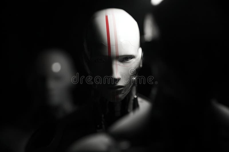 Realistic Humanoid Robot with Pale Skin and a Single Red Stripe Over ...