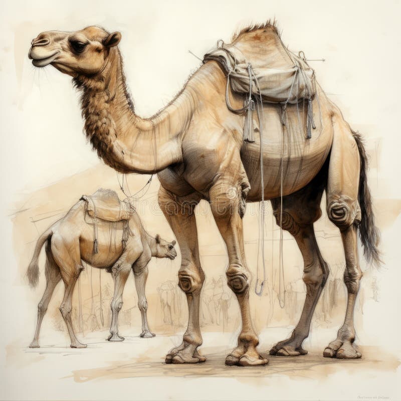 Realistic and Hyper-detailed Drawing of Two Camels Stock Illustration ...