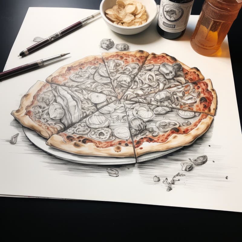 Realistic and Hyper-detailed Drawings of Pizza on a Table Stock ...