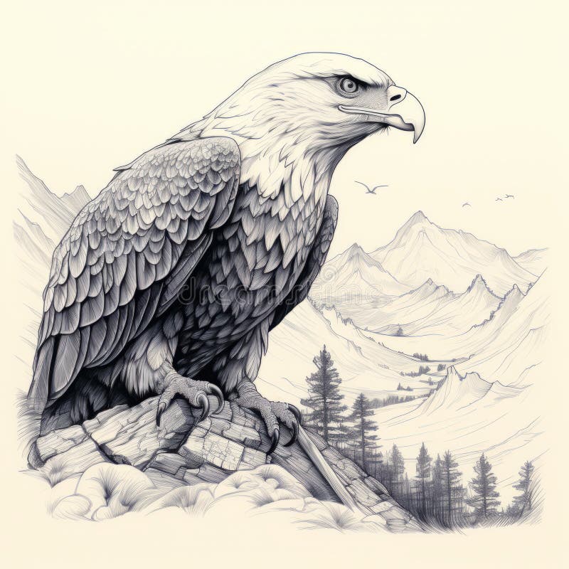 Realistic Hyper-detailed Eagle Sketch on Mountain Rock Stock ...