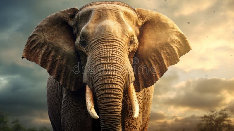 Realistic Hyper-detailed Elephant Portrait on Dark Sky Background Stock ...