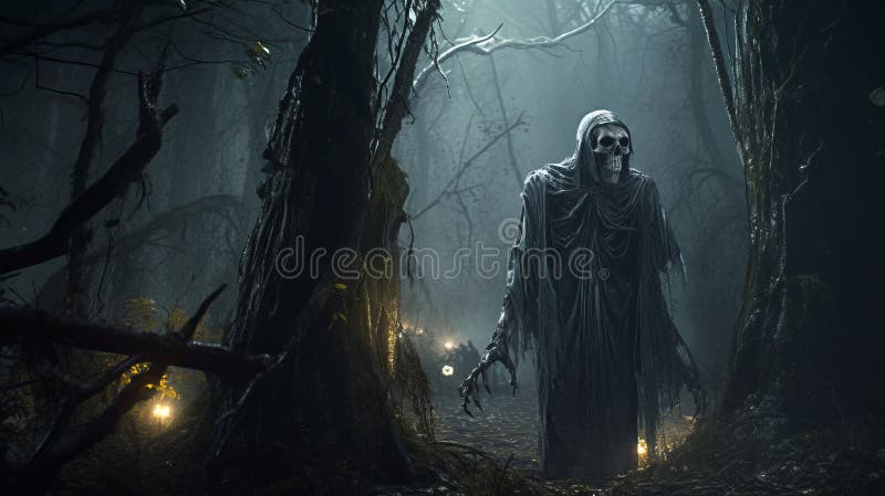 Realistic and Hyper-detailed Grim Reaper in a Forest at Night Stock ...