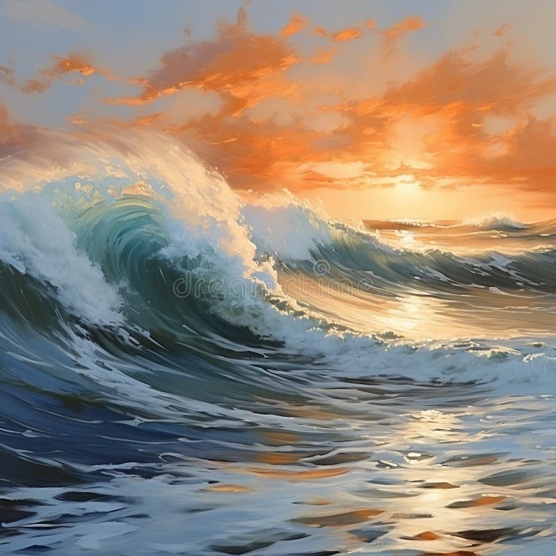 Realistic Hyper-detailed Painting of Waves Breaking at Sunset Stock ...
