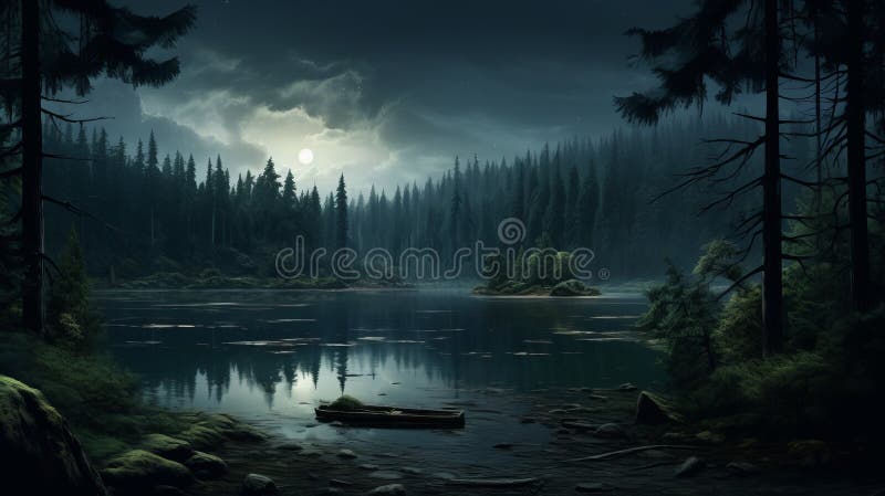 Eerily Realistic Night Scene Crescent Lake in a Forest with Boat Stock ...