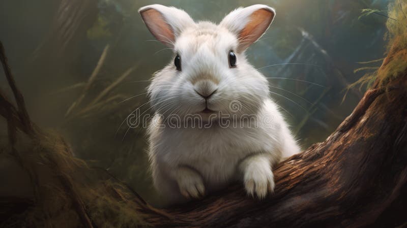 Realistic Hyper-detailed Rendering of a White Bunny on a Branch Stock ...