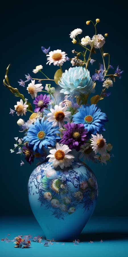 Realistic and Hyper-detailed Vase of White and Blue Flowers Stock ...
