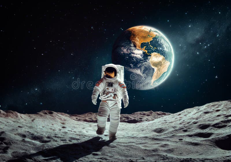 Realistic Illustration of Astronaut Walking on Moon Surface with Earth ...
