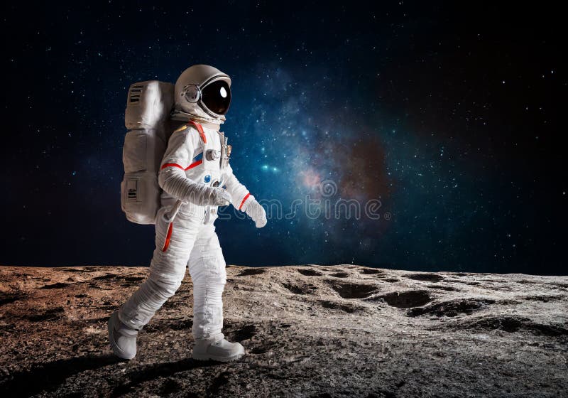 Realistic Illustration of Astronaut Walking on Moon Surface with Milky ...
