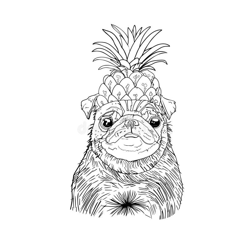 Realistic Illustration of a Funny Pug with a Pineapple on His Head ...