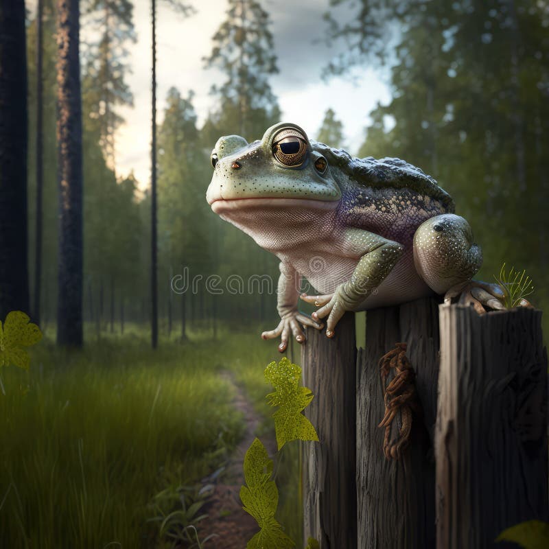 Realistic Illustration of a Giant Frog Sitting on a Log in the Forest ...