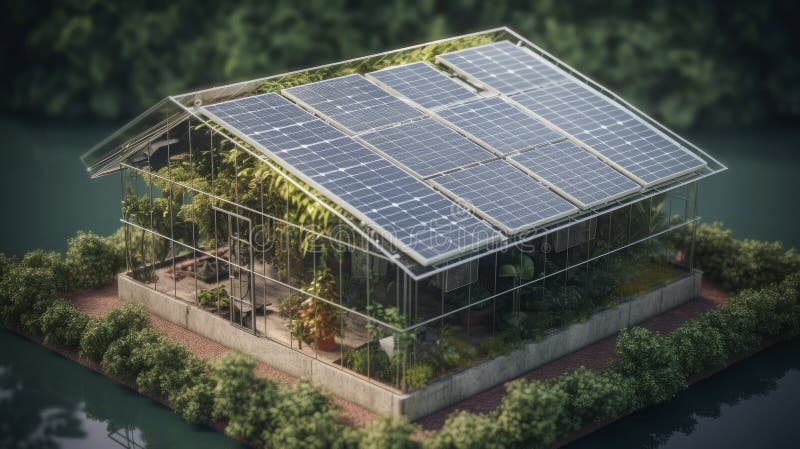 Realistic Illustration Green House Energy Solar Energy Panel and Trees ...