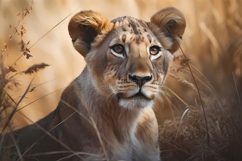 Realistic Illustration of a Lion Cub in the Savannah. Generative AI ...