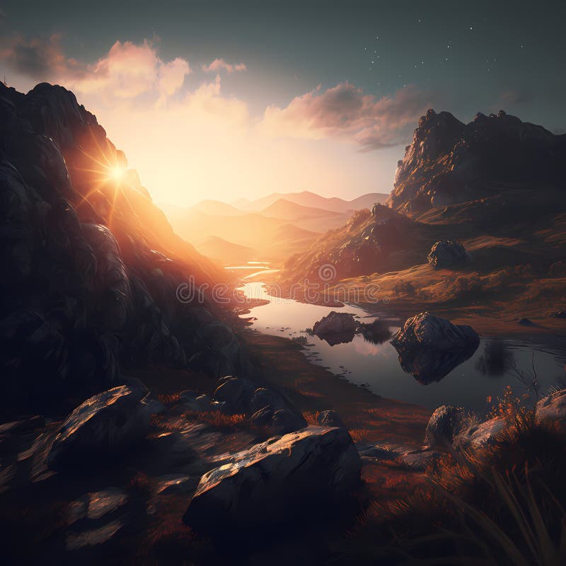 Morning Sky View at Hill. Generative AI Stock Illustration ...