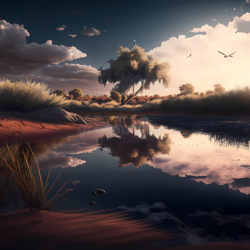 Morning View on a Lake. Generative AI Stock Illustration - Illustration ...