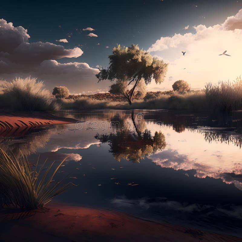 Morning View on a Lake. Generative AI Stock Illustration - Illustration ...