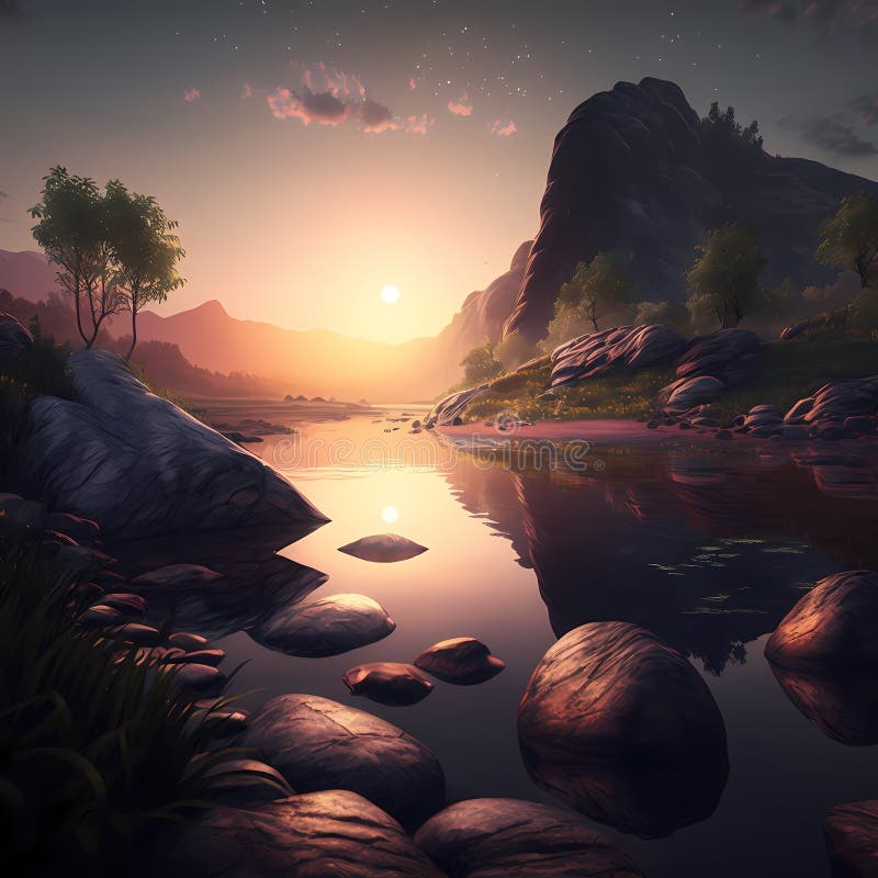 Morning View on the River. Generative AI Stock Illustration ...