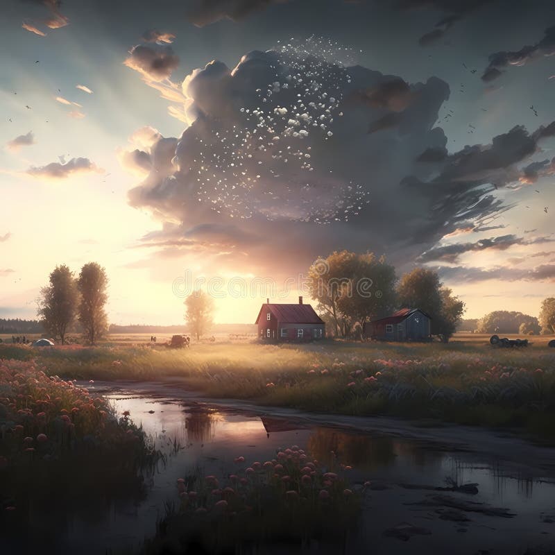 Morning View on the Village. Generative AI Stock Illustration ...